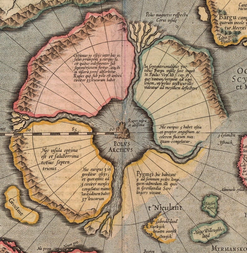 Map of 1595 Flat Earth Map - Septentrionalium Terrarum North Pole ...