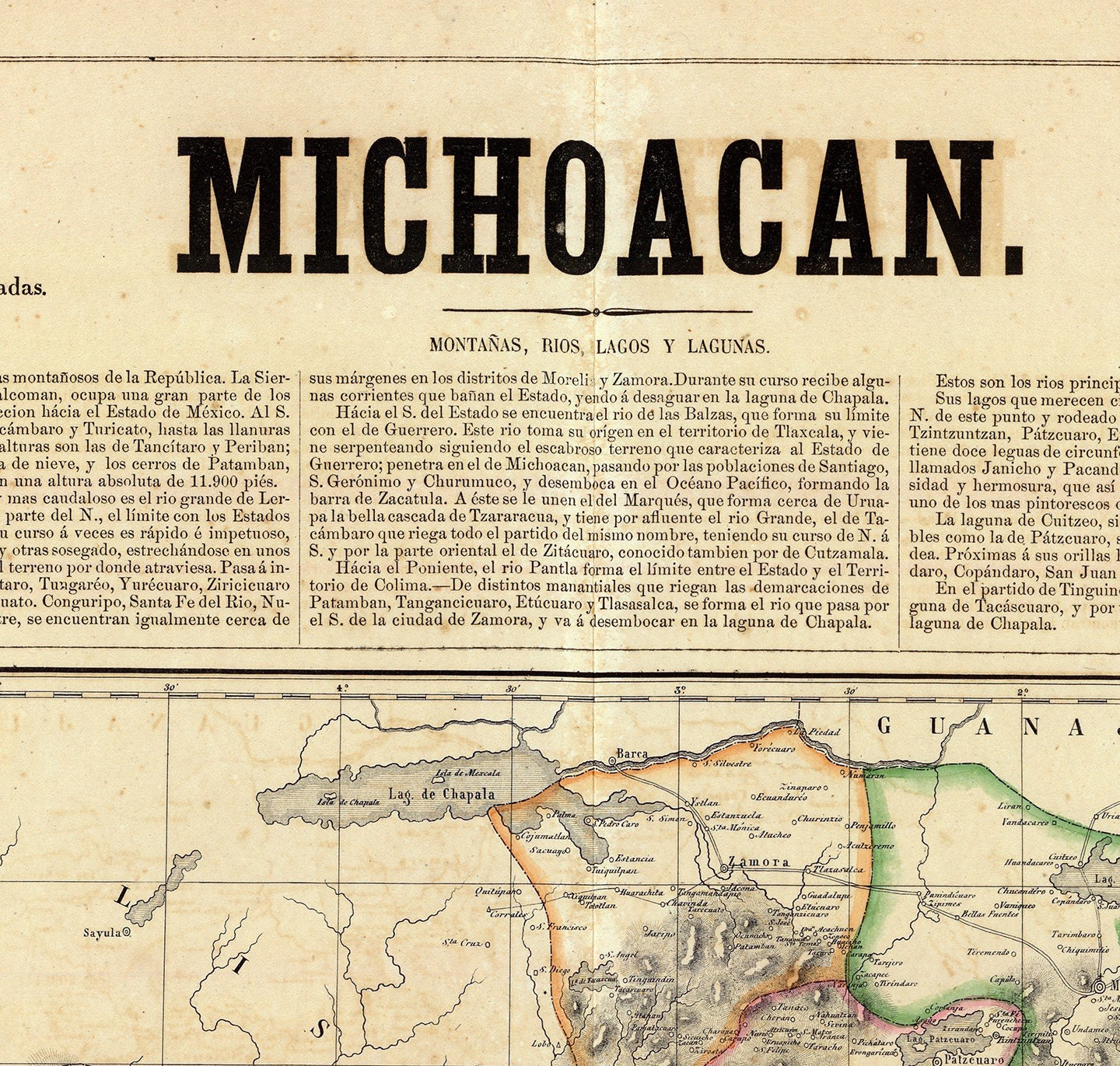 Map of Michoacan, Mexico, 1858. Vintage Home Deco Style Old Wall ...