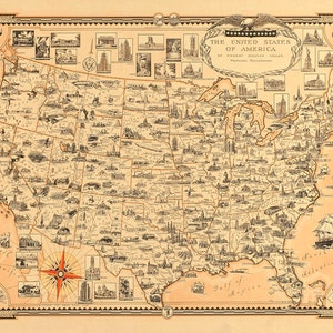 Pictorial Map of United States of America. Vintage Home Décor ...