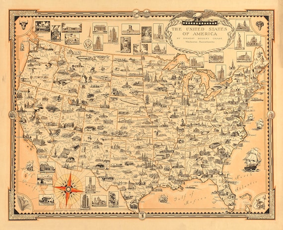 Pictorial Map of United States of America. Vintage Home Décor | Etsy