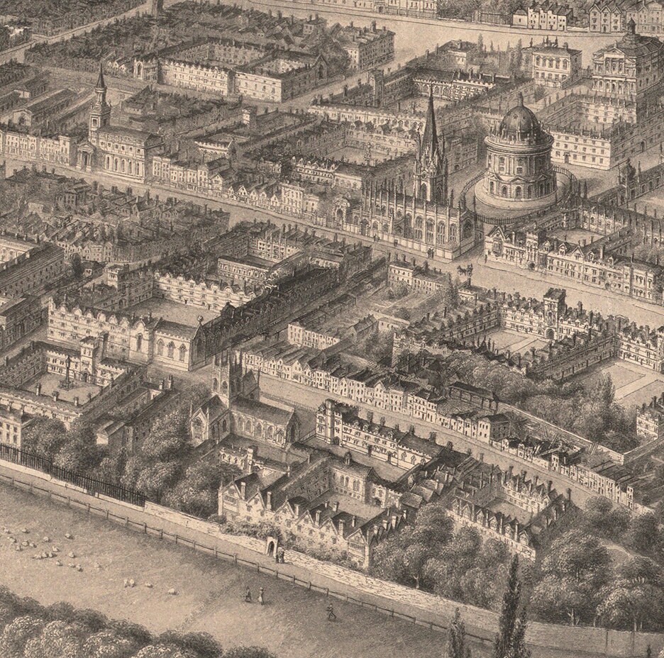 University and City of Oxford, England Map, 1850, Also Carfax Tower ...