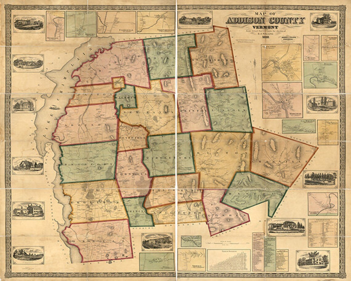 Map of Addison County Vermont VT 1857. Vintage Restoration - Etsy