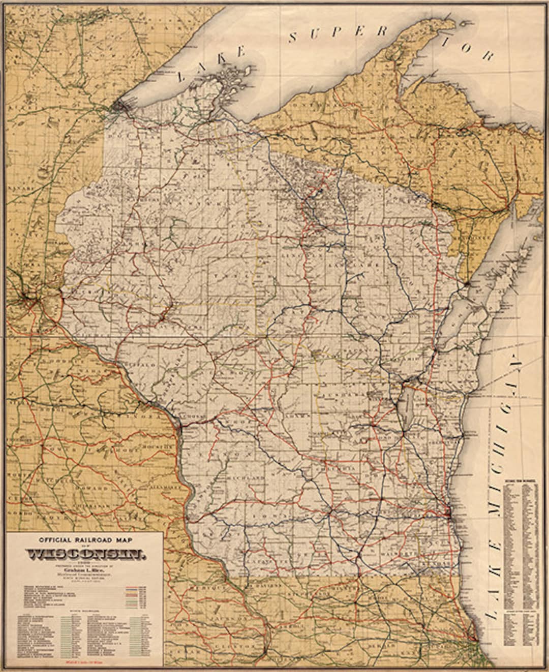 Official Railroad Map of Wisconsin, 1900. Vintage Restoration Hardware ...