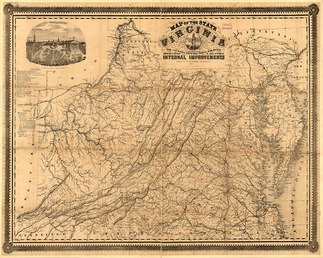 Map of State of Virginia, VA. 1864. Vintage Restoration Hardware Home ...