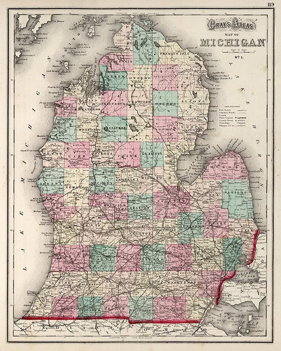 Map of the States of Michigan. 1873. Vintage Restoration - Etsy