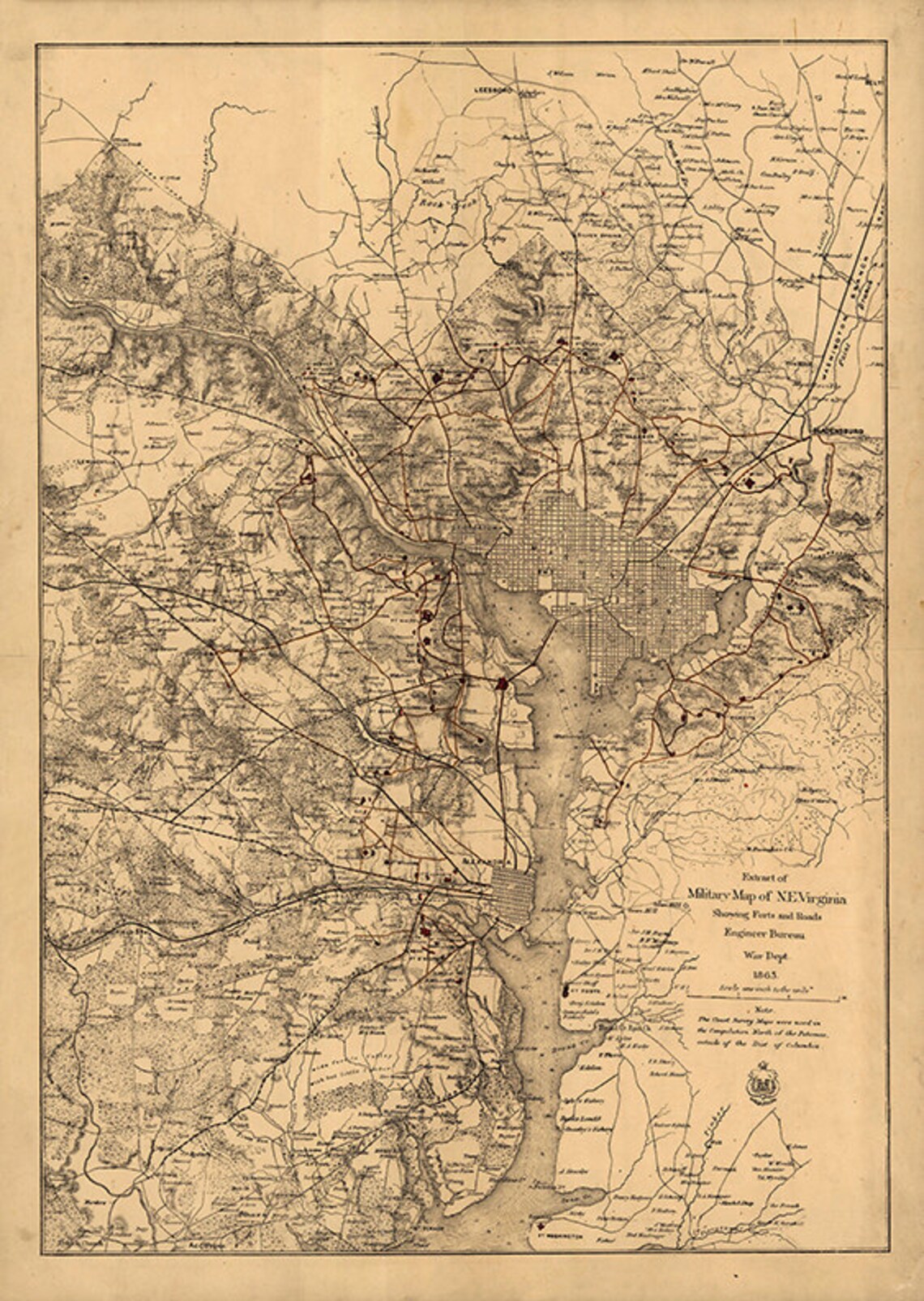 Map of American Civil War Defenses of Washington, D.C. 1865. Vintage ...