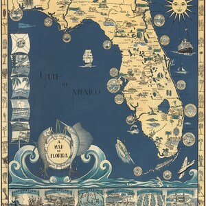 Pictorial Map of Florida FL. Home Deco Style Old Wall Vintage Reprint ...