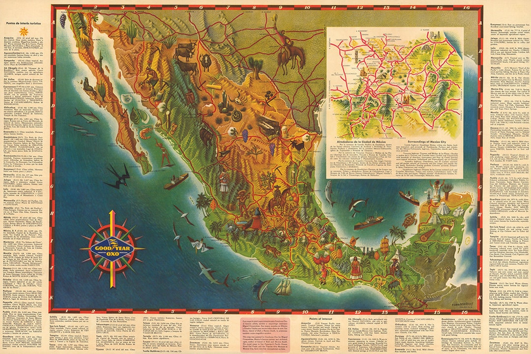 Carreteras De Mexico Highway Map. Vintage Revised Home Décor ...