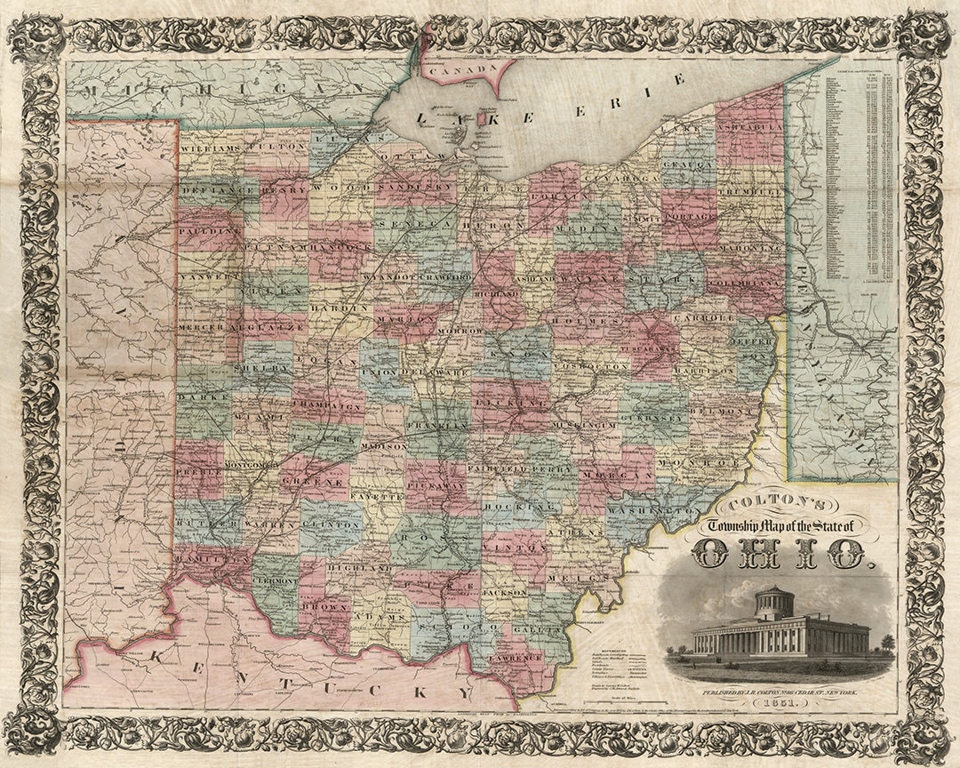 Map of Ohio OH Including County Line, 1851. Vintage Home Deco Style Old ...