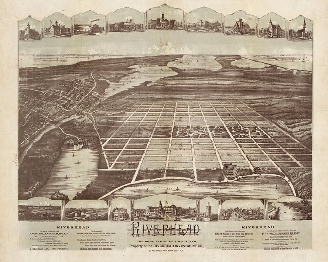 Map of Riverhead, Long Island, New York, 1890. Vintage Home Deco Style ...