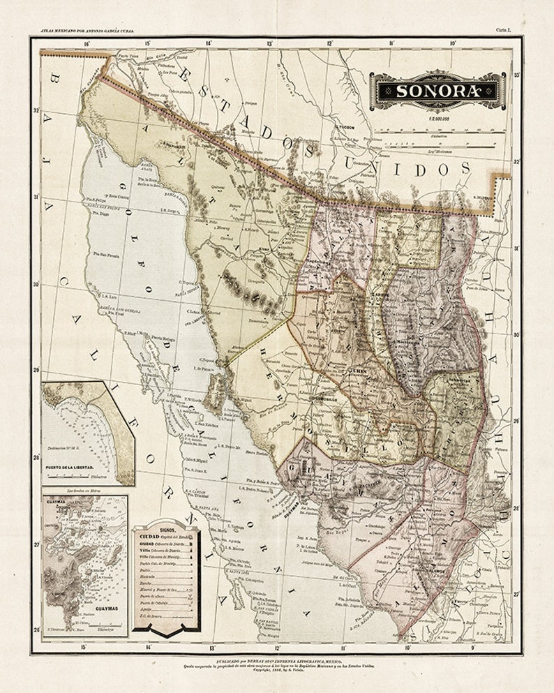 Map of Sonora, Mexico, 1886. Vintage Home Deco Style Old Wall ...