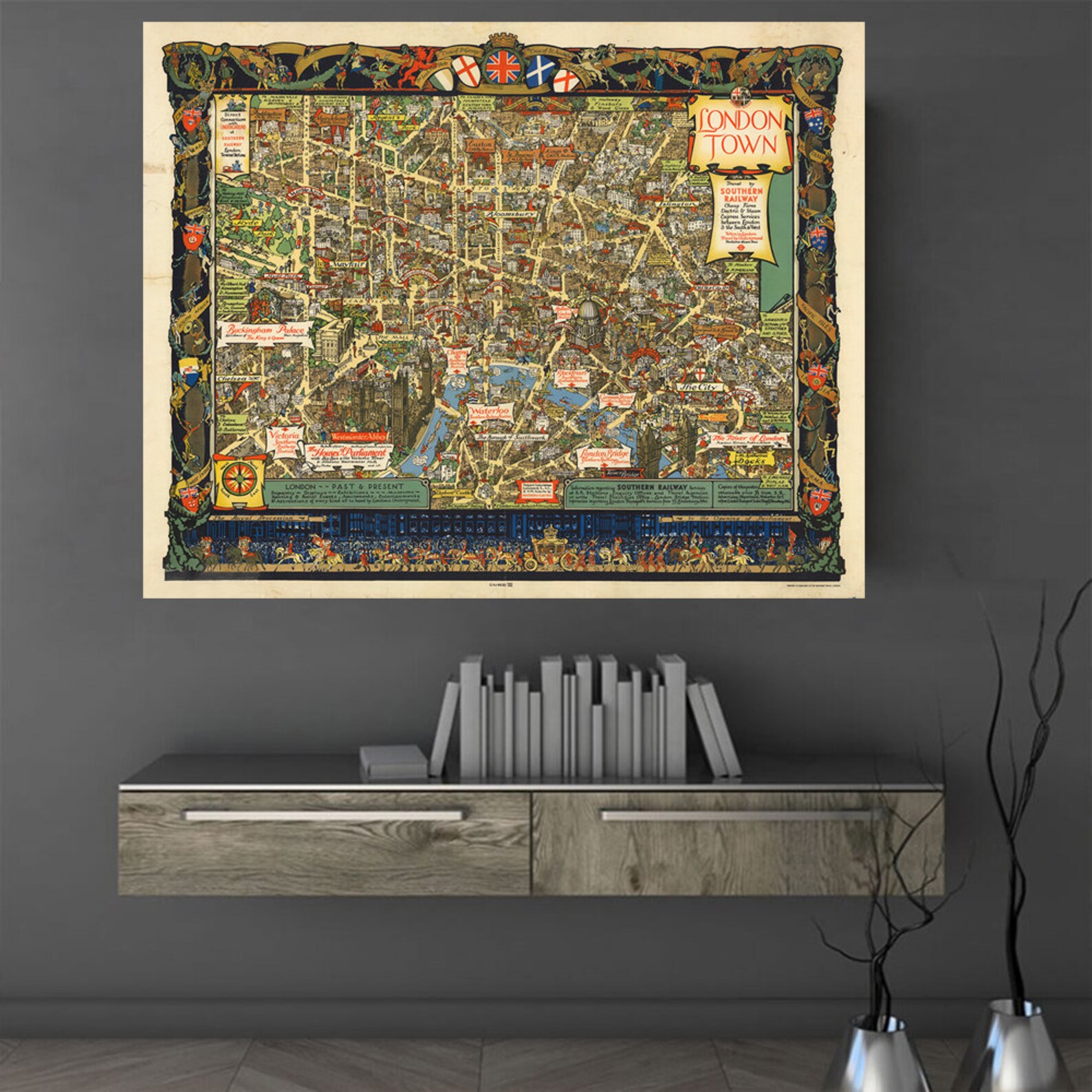 Pictorial Map of London Town 1938. Vintage Home Deco Style Old | Etsy
