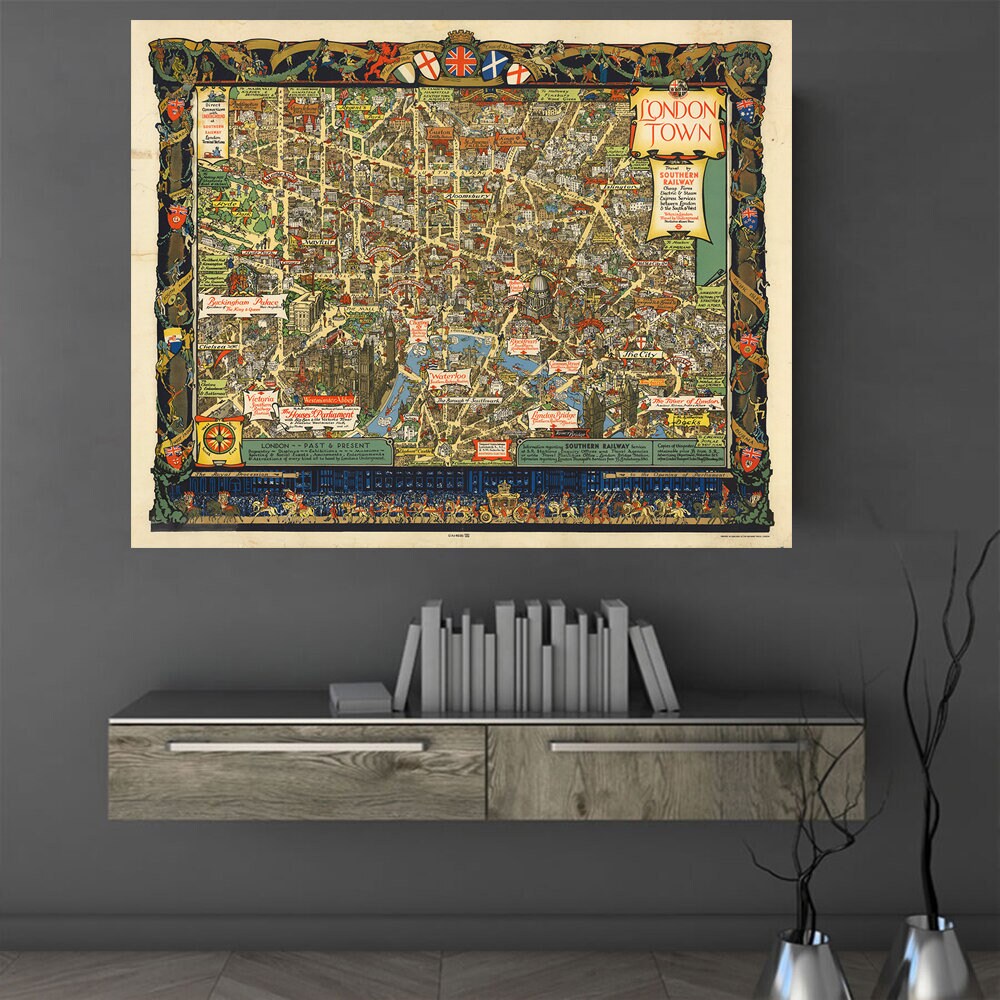 Pictorial Map of London Town 1938. Vintage home Deco Style old | Etsy