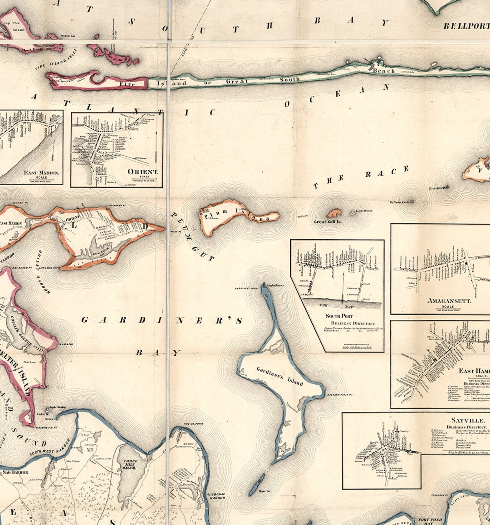 Map of Suffolk County, Long Island, New York NY 1858. Vintage Home ...