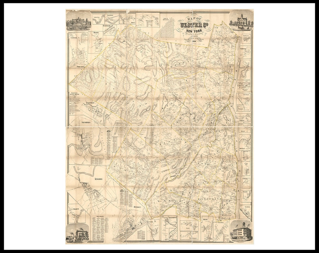 Map of Ulster County, New York NY 1854. Vintage Home Style Old Wall ...