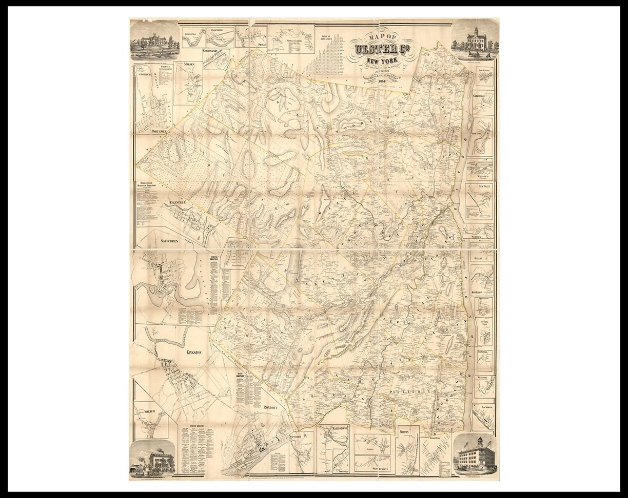 Map of Ulster County, New York NY 1854. Vintage Home Style Old Wall ...