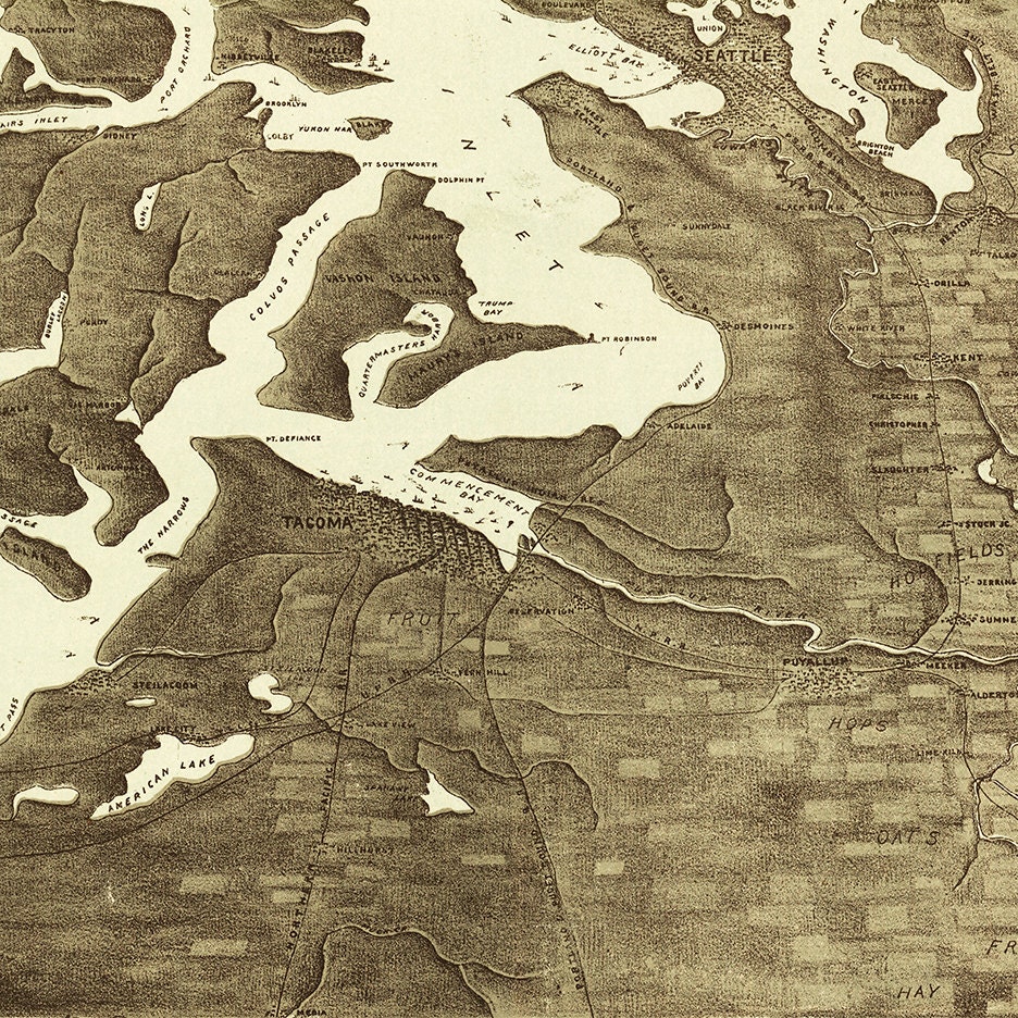 Map of the Puget Sound Country Bird's Eye View Washington | Etsy