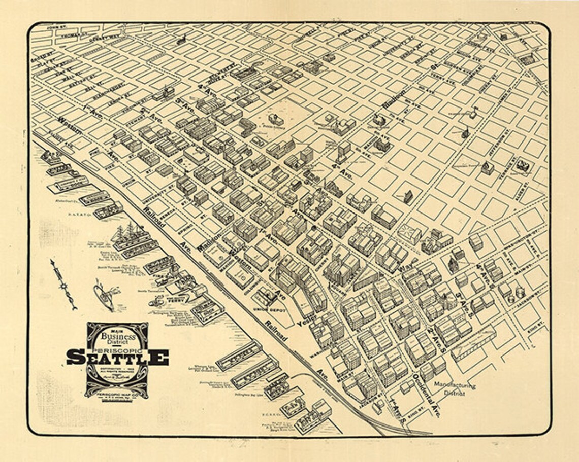 Map of Seattle Main Business District Periscopic Washington - Etsy