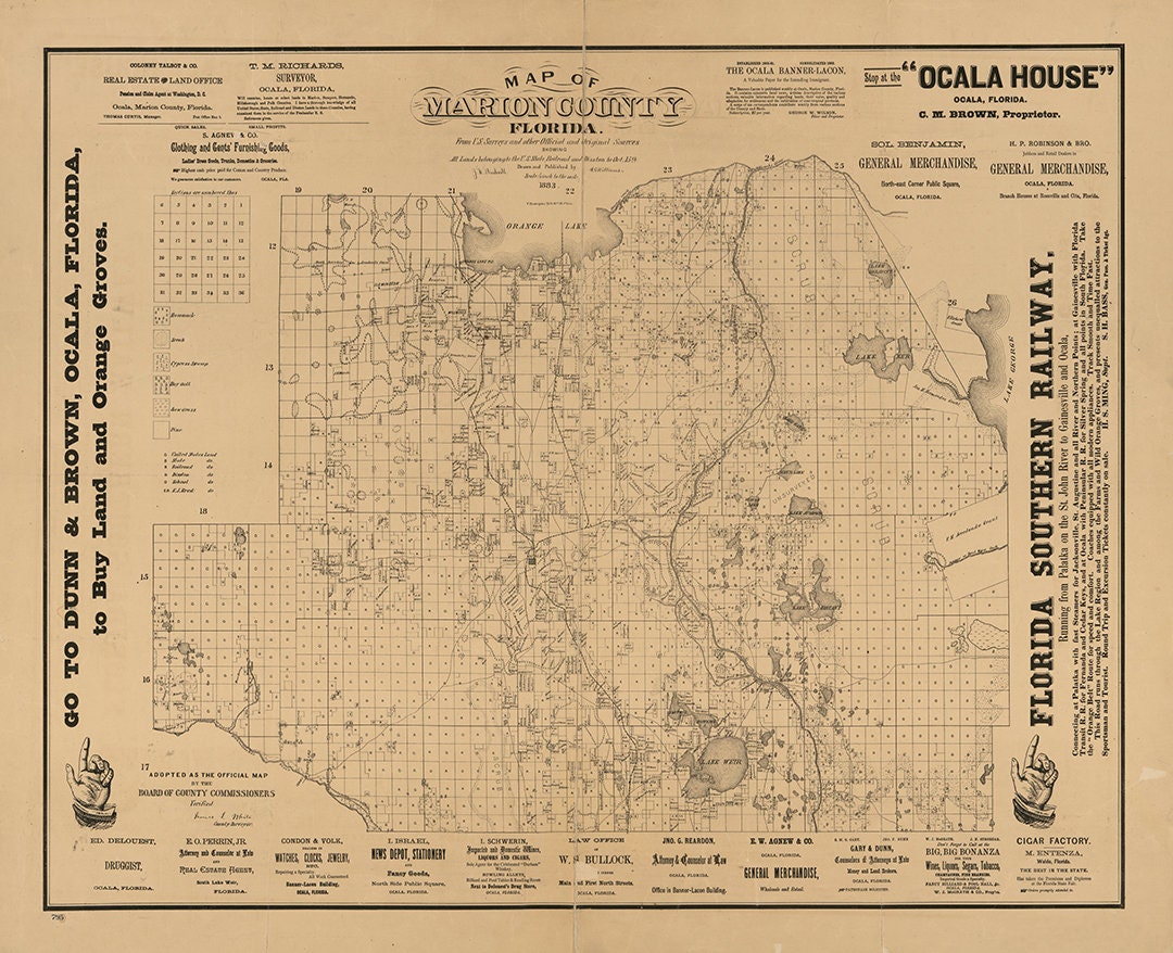 Map of Marion County, Florida. 1883. Vintage Home Deco Style Old Wall ...
