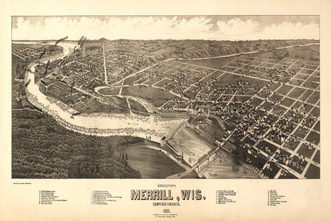 Map of Merrill, Lincoln Co., Wisconsin 1883, WI. Vintage Restoration ...