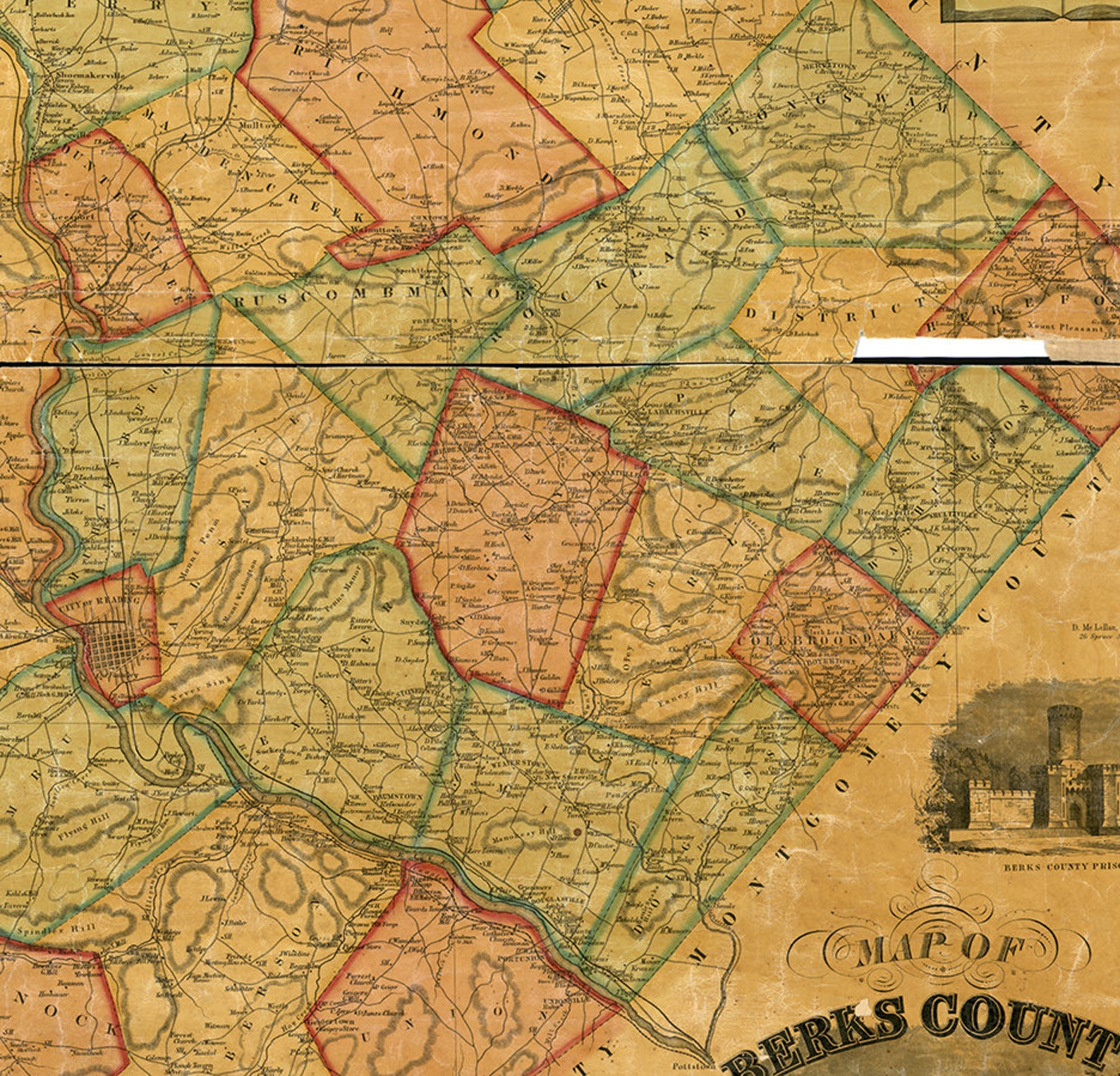 Map of Berks County, Pennsylvania, PA 1854. Reproduction Vintage ...
