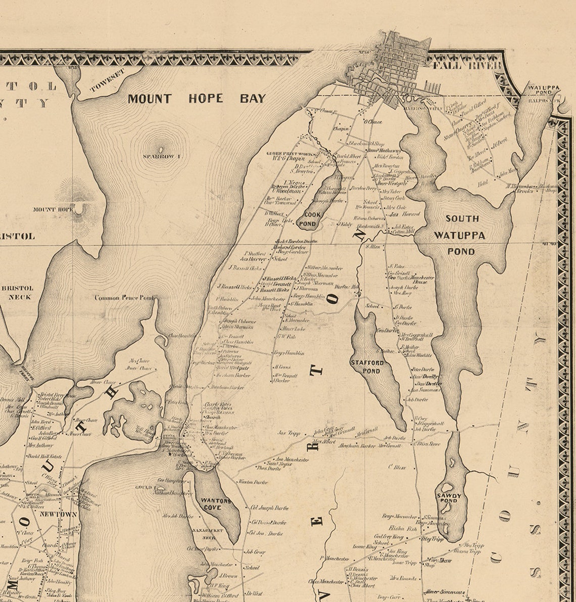 Map of Newport County, Rhode Island RI, 1850. Vintage Restoration ...
