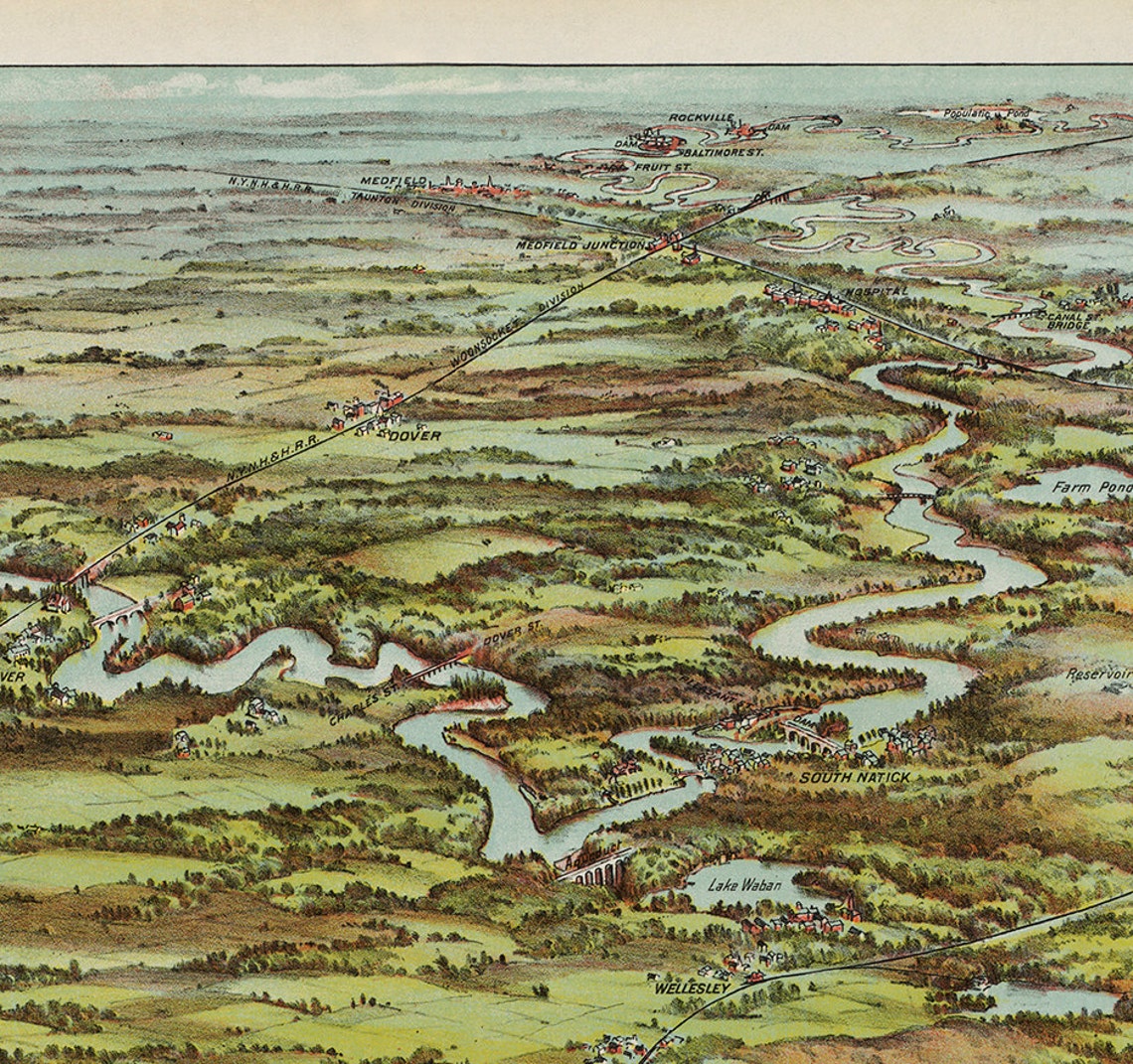 Map of Charles River, Massachusetts Ma., 1900. Restoration Hardware Home Deco Style Old Wall ...