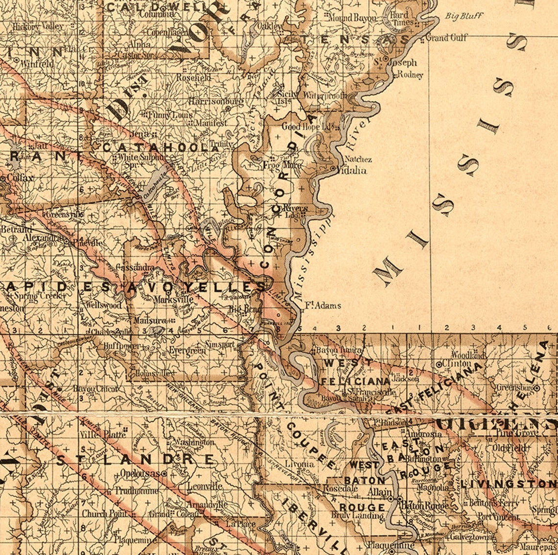 Map of Louisiana 1876. Vintage Restoration Hardware Home Deco | Etsy