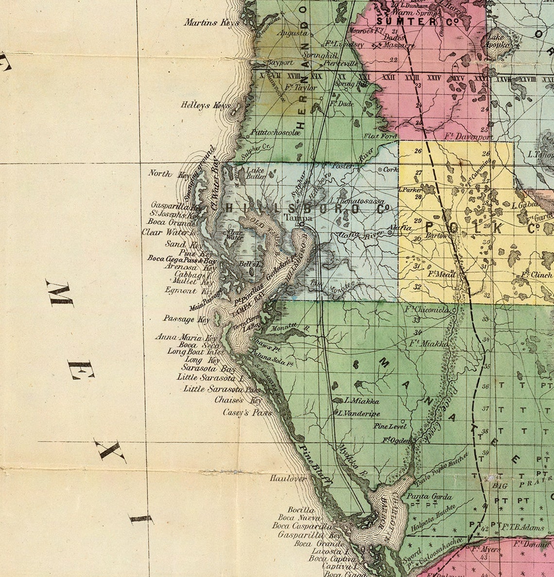 Map of Florida FL, 1870. Restoration Hardware Home Deco Style Old Wall ...