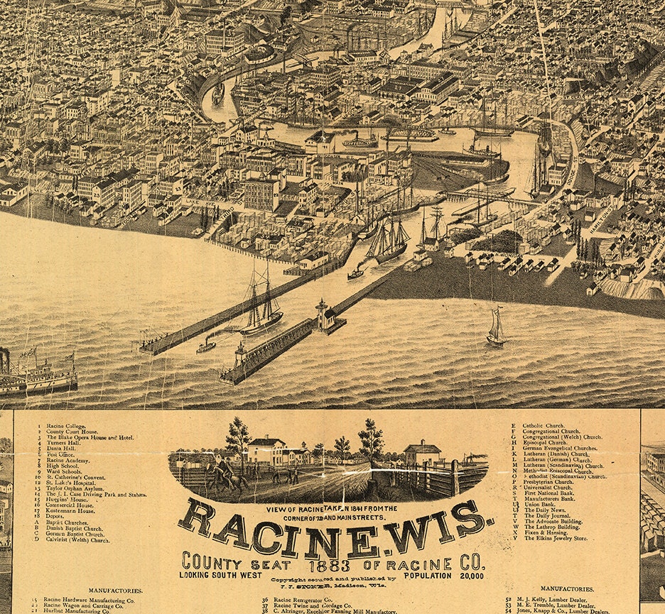 Map of Racine Racine Co. Wisconsin 1883 WI. Vintage | Etsy