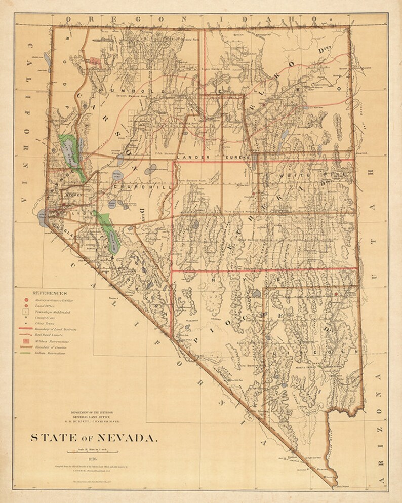 Map of State of Nevada 1876. Vintage Home Deco Style Old Wall ...