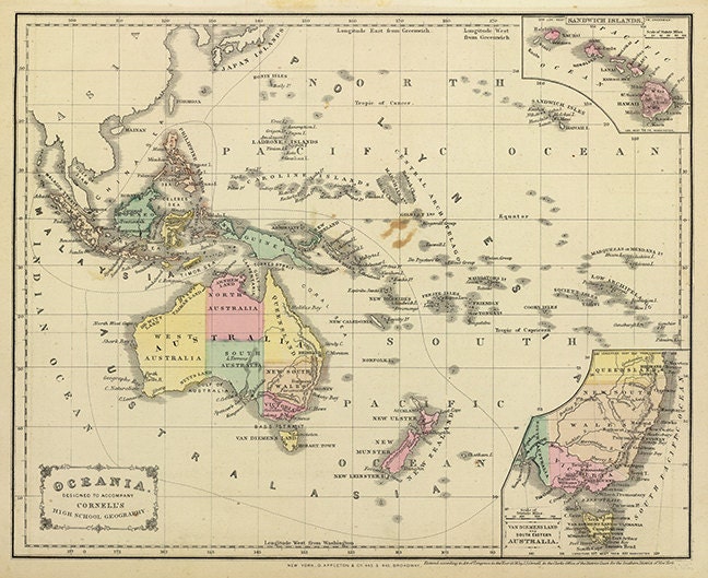 Map of Oceania Oceanica 1864. Restoration Hardware Home | Etsy