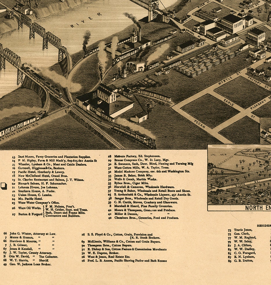 Map of Waco, Texas, County Seat of Mclennan Cy. 1886. Vintage Home Deco ...