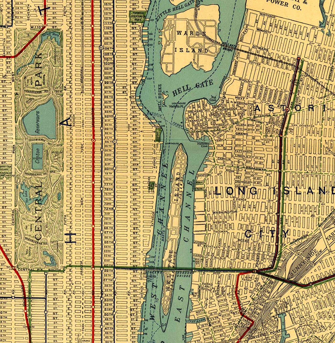 Map of Manhattan, New York City Vintage Reproduction Map. 1922 ...