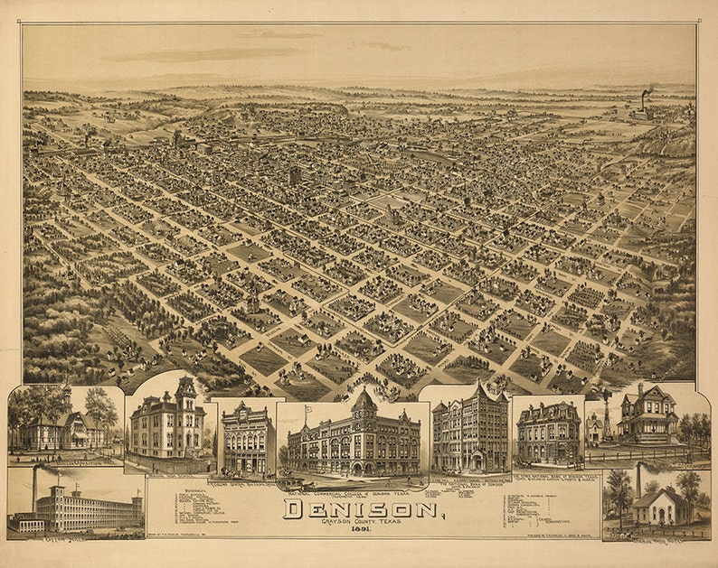 Map of Denison Texas TX Grayson County 1891. Vintage - Etsy