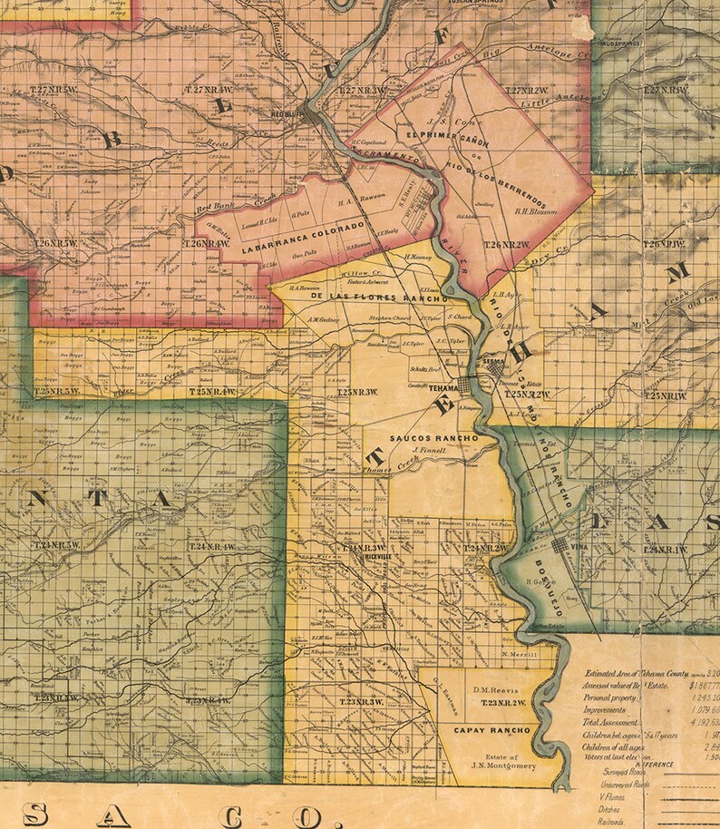Map of Tehama County, State of California 1878. Vintage Restoration ...