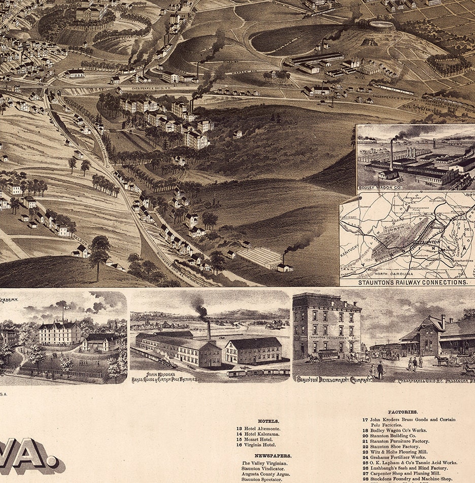 Map of Staunton Virginia Va. Augusta Co. 1891 Vintage - Etsy