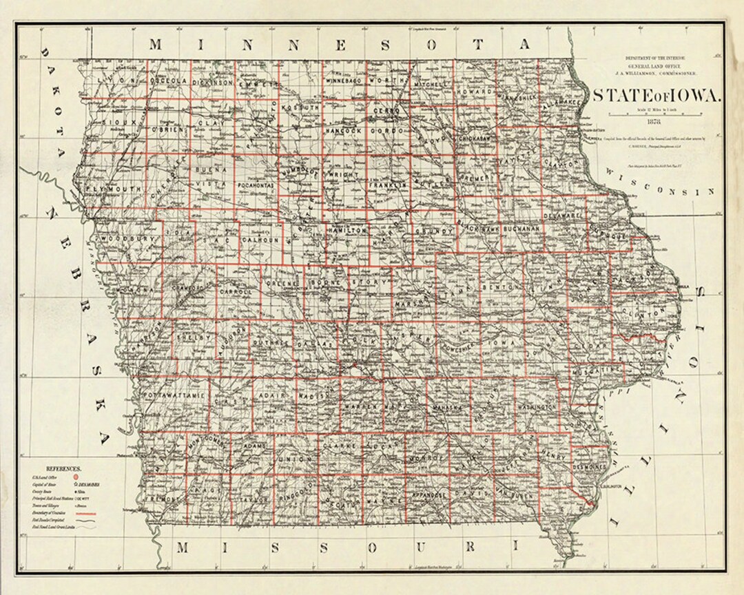 Map of Iowa State, 1878. Vintage Home Deco Style Old Wall Reproduction ...