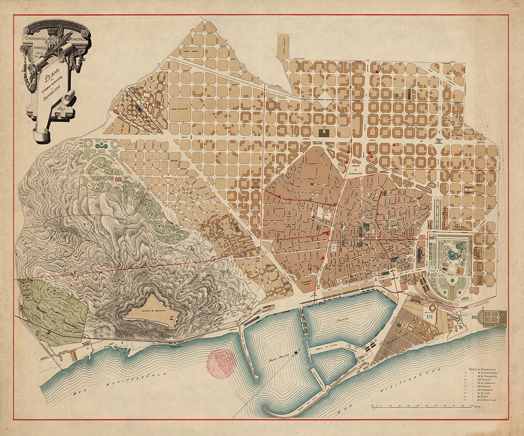 Map of Barcelona, Spain. 1891 Vintage Revised Home Décor Reproduction ...