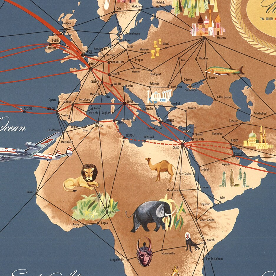 Map of Trans World Airline TWA Routes. Vintage restoration hardware ...