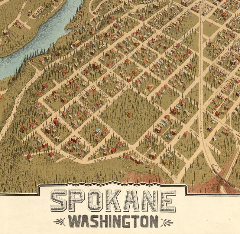 Map of Spokane, Washington, W.A, 1905. Vintage Restoration Hardware ...