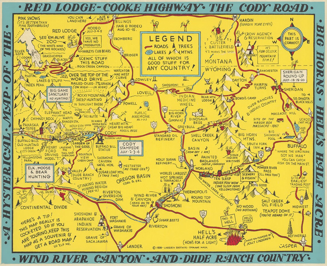 Map of the Red Lodge Cooke Highway. Vintage Home Deco Style - Etsy