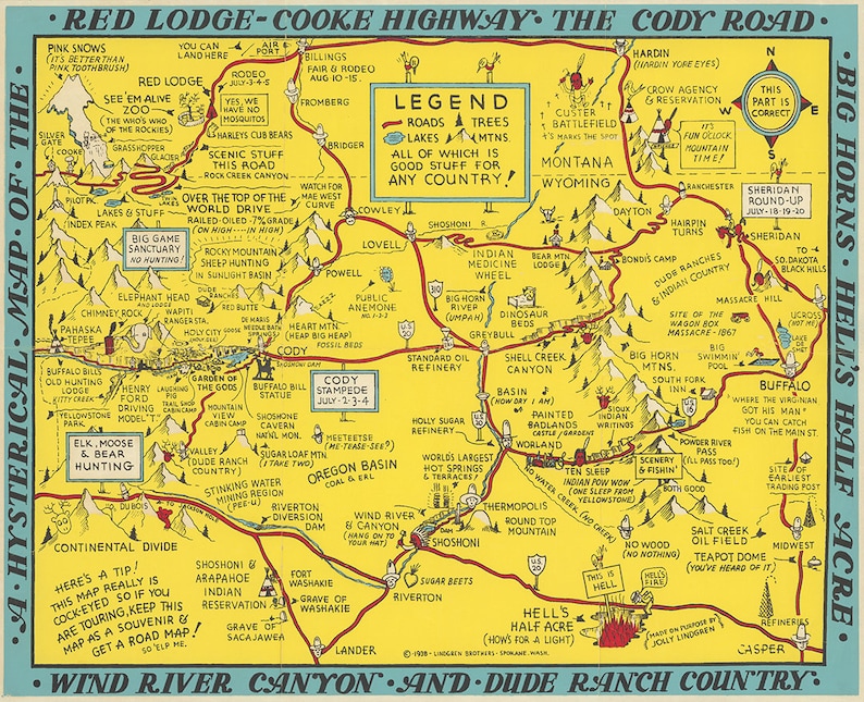 Map of the Red Lodge Cooke Highway. Vintage Home Deco Style - Etsy