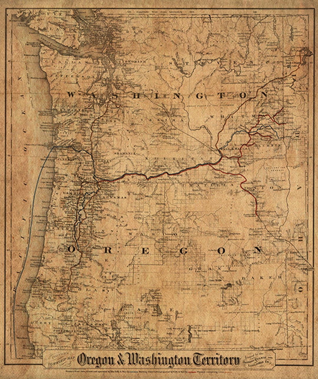 Map of Oregon & Washington State, 1880. Vintage Restoration Hardware ...