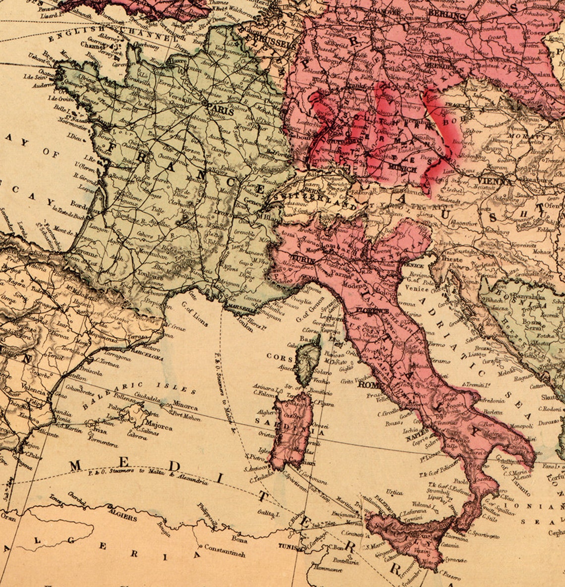 Map of Europe 1871. Also Shows Principal Steamship Routes. - Etsy