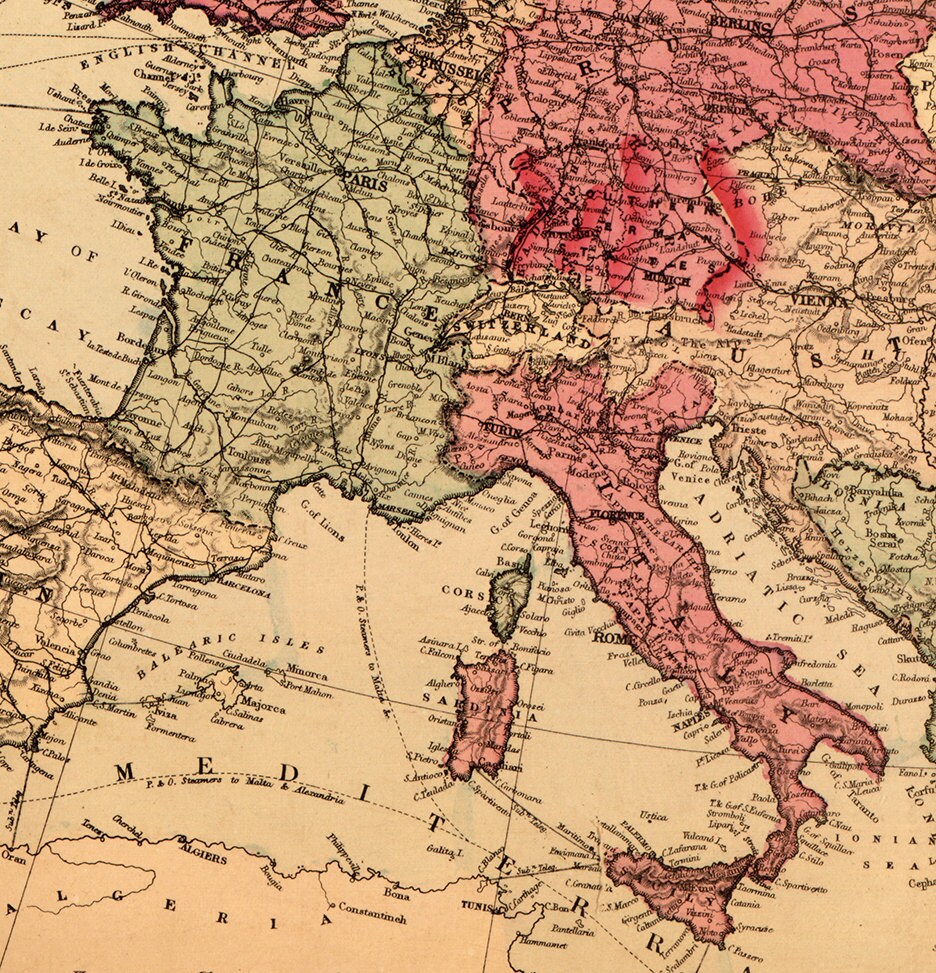 Map of Europe 1871. Also Shows Principal Steamship Routes. | Etsy