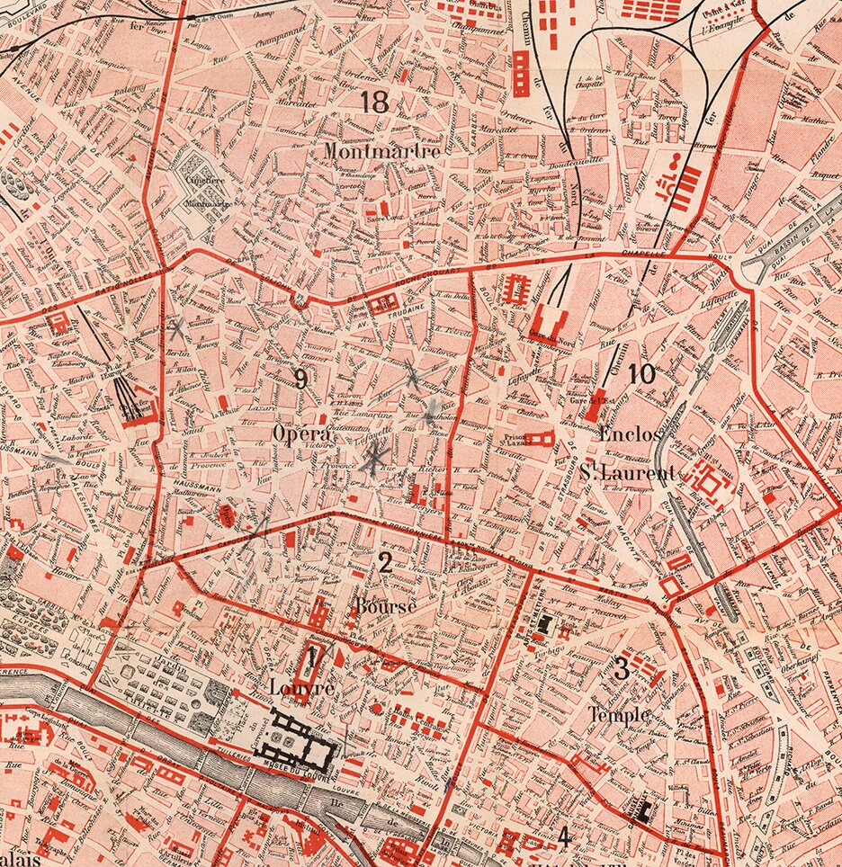 Map of Paris, France, 1892. Restoration Hardware Home Deco Style Old ...