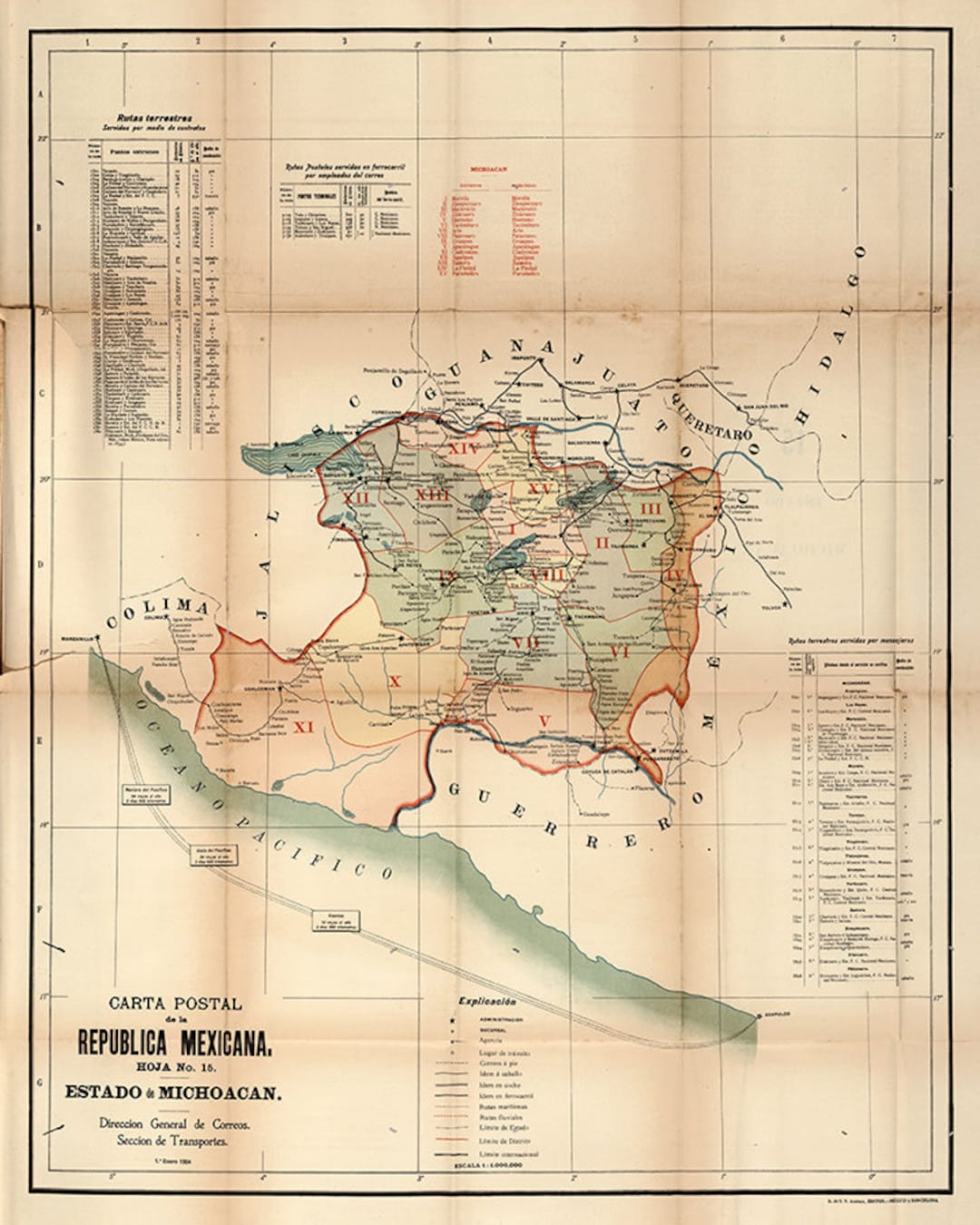Map of Michoacan, Mexico, 1904. Vintage Restoration Hardware Home Deco ...