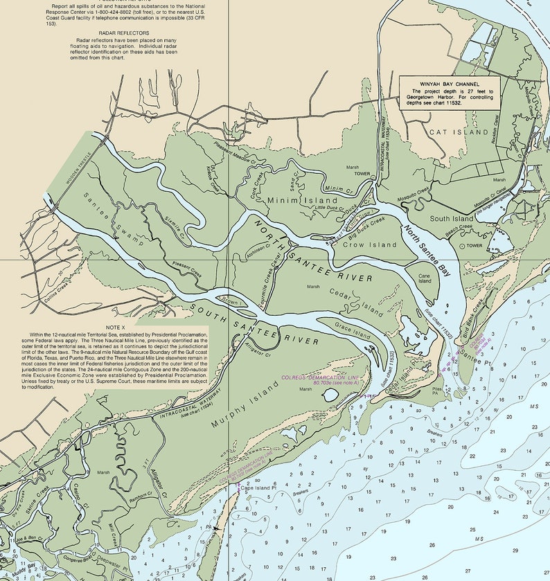 Winyah Bay to Bulls Bay South Carolina Nautical Wall Art Reproduction ...