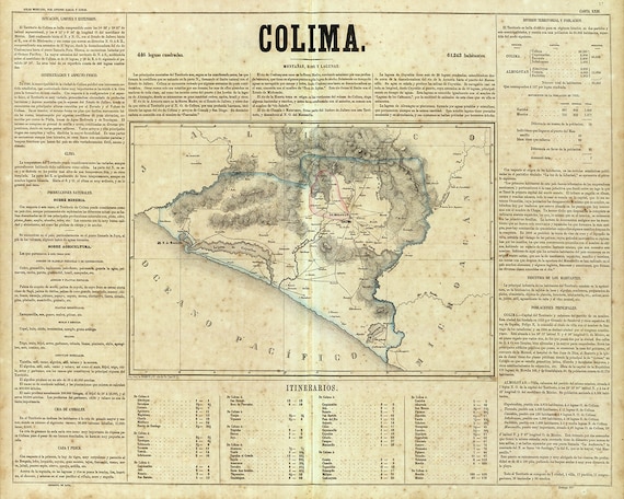 Map of Colima Mexico 1858. Vintage Restoration Hardware Home - Etsy